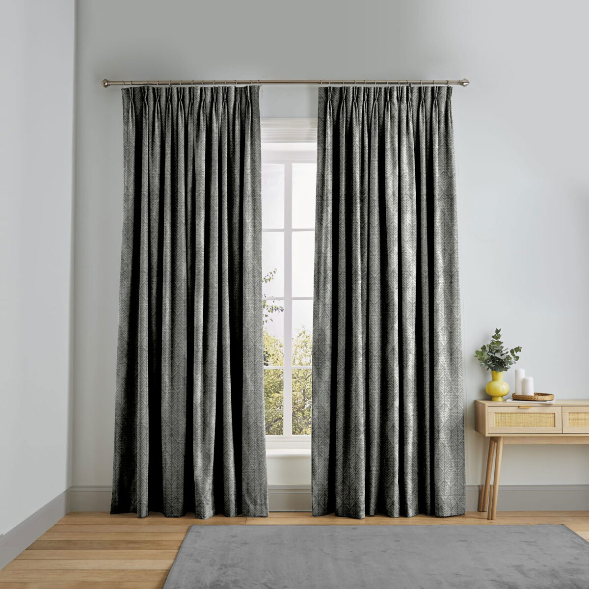 Mega Leaf Grey Pleated Curtains - Chennai Blinds